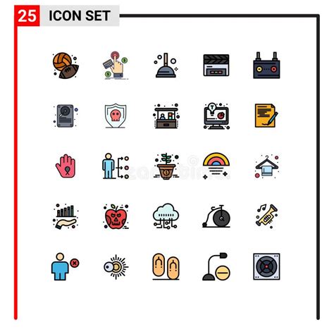 Modern Set Of 25 Filled Line Flat Colors Pictograph Of Battery Film Flap Web Clapperboard