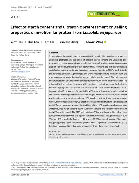 Pdf Effect Of Starch Content And Ultrasonic Pretreatment On Gelling Properties Of Myofibrillar