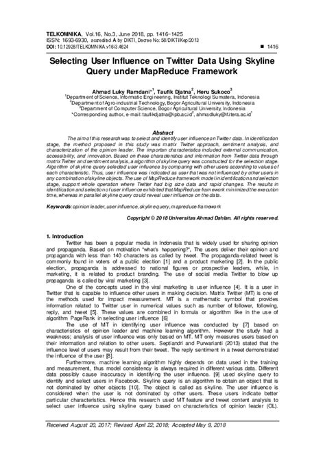 Pdf Selecting User Influence On Twitter Data Using Skyline Query