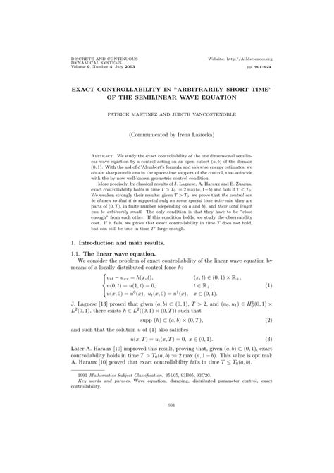 Pdf Exact Controllability In” Arbitrarily Short Time” Of The