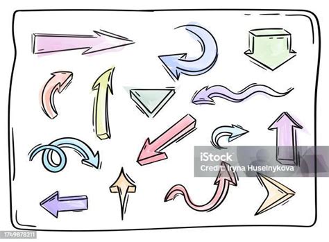 수채화 여러 가지 빛깔의 손으로 벡터 화살표를 그리며 흰색 배경에 붓 획을 그렸다 개념 기호에 대한 스톡 벡터 아트 및 기타 이미지 개념 기호 개체 그룹 곡선