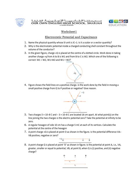 Worksheet 1 Pdf Electrostatics Capacitance