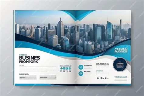 도시 배경과 함께 파란색 컬러 스키마 비즈니스 책 표지 디자인 템플릿 A4 브로셔 연간 보고서 잡지에 쉽게 적응 프리미엄 사진