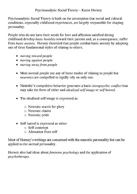 Horney And Psychoanalytic Social Theory Psychoanalytic Social Theory Karen Horney