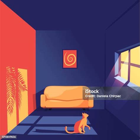 창문을 응시하는 방에 있는 고양이의 3d 그림 아파트 내부의 플랫 일러스트 등측투영법에 대한 스톡 벡터 아트 및 기타 이미지 등측투영법 아파트 창문 Istock