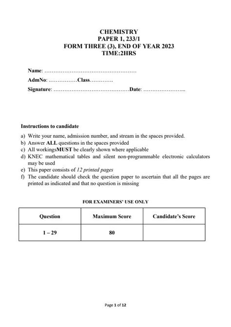 Form 3 Chemistry Paper 1 End Of Term 3 Examination 2023 1844
