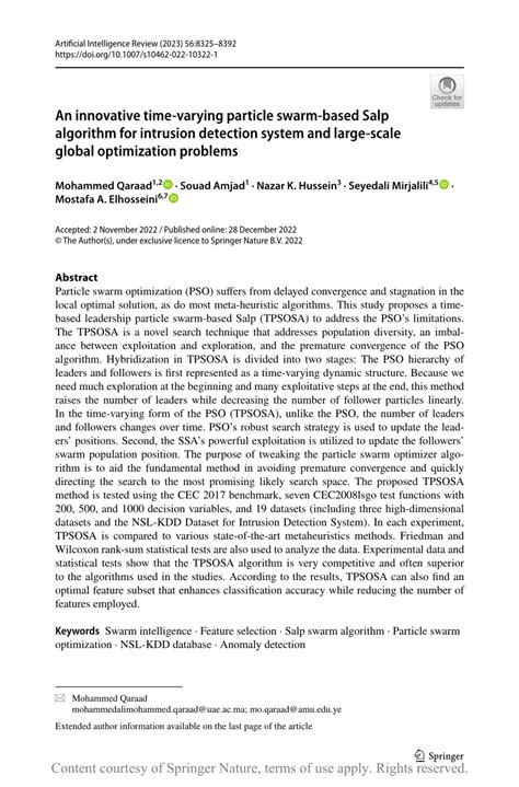 An Innovative Time Varying Particle Swarm Based Salp Algorithm For