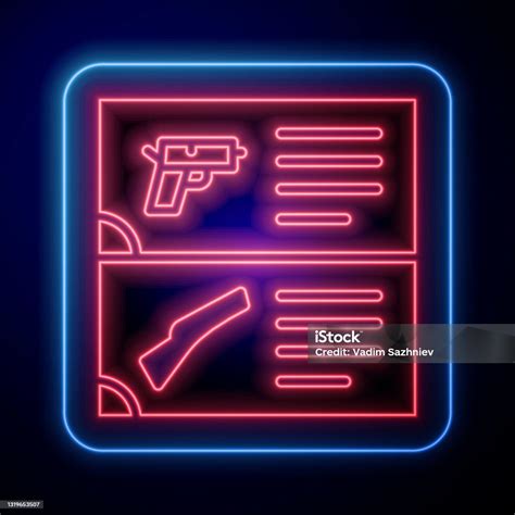 파란색 배경에 격리 된 빛나는 네온 무기 카탈로그 아이콘 경찰 또는 군용 권총 작은 총기 벡터 개념에 대한 스톡 벡터 아트 및 기타 이미지 Istock