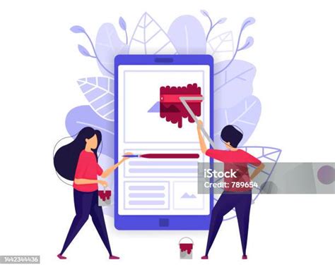 모바일 앱 개발 스마트 폰 응용 프로그램을 디자인하고 페인팅하는 사람들 웹 랜딩 페이지 배너 모바일 앱 카드 책 일러스트레이션용