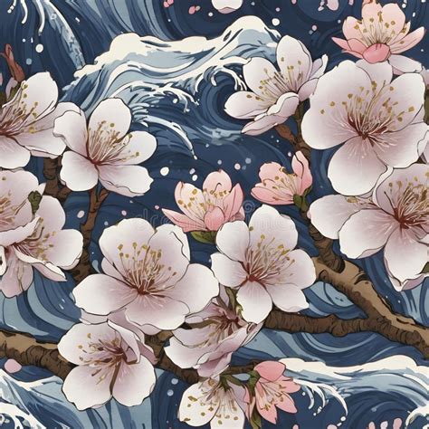 Ukiyo E Inspired Cherry Blossoms Cascade Seamless Pattern Stock