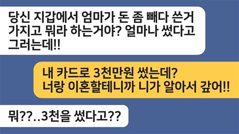 반전사연내지갑에서 몰래 돈을 빼다 쓰던 시모한테 나 몰래 신용카드 만들어준 남편삼천만원 카드내역 남편한테 보내며 이혼한다