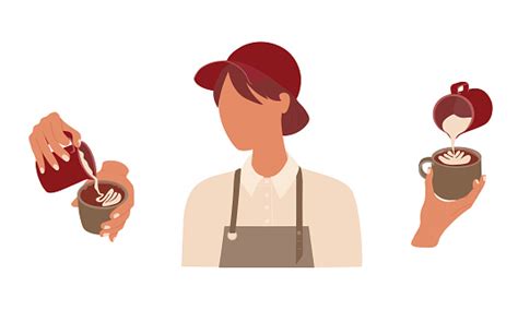 인간의 손이 커피 세트 한 잔을 들고 있습니다 바리스타는 카푸치노를 만든다 흰색에 격리된 플랫 벡터 일러스트레이션입니다 개체 그룹에 대한 스톡 벡터 아트 및 기타 이미지