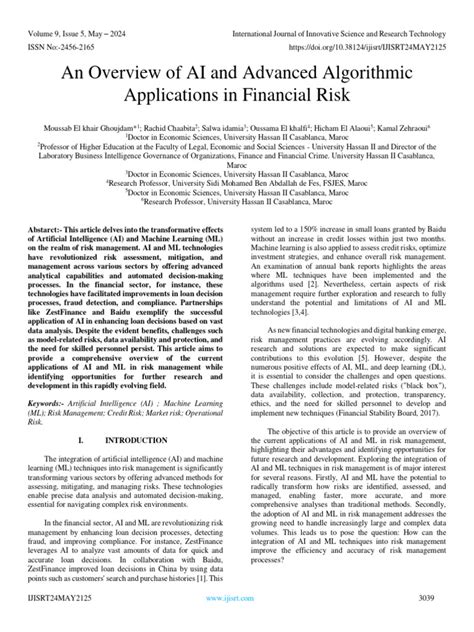 An Overview Of Ai And Advanced Algorithmic Applications In Financial Risk Pdf Machine