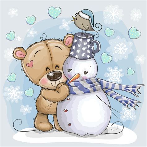 Cartoon Teddy Bear And A Snowman Stock Vector Illustration Of
