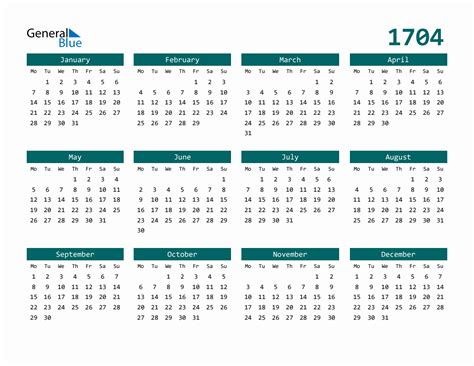 1704 Full Year Calendar With Monday Start