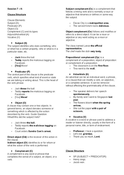 Clause Structure Session 7 8 Clause Structure Clause Elements