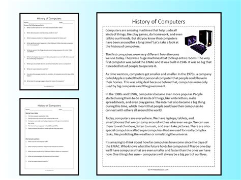 History Of Computers Reading Comprehension Passage Printable Worksheet