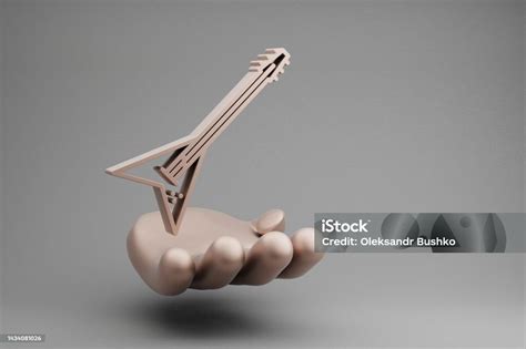 아름다운 추상적 인 삽화 골든 핸드 홀딩 뮤지컬 헤비 메탈 일렉트릭 기타 심볼 아이콘 회색 배경에 3d 렌더링 그림 디자인의 배경 패턴 금속에 대한 스톡 사진 및 기타