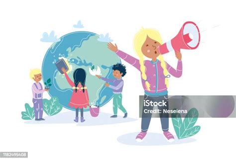 아이들이 지구에 대한 관심 메가폰을 들고 지구를 보호하기 위해 사람들을 부르는 소녀 어린이와 지구와 생태 환경 주의 개념 벡터 일러스트 플랫 만화 스타일입니다 개념에 대한