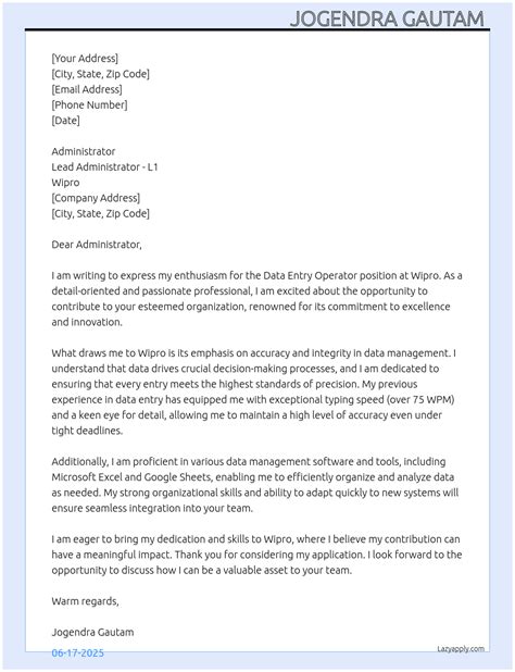 Cover Letter For Data Entry Operator Lazyapply