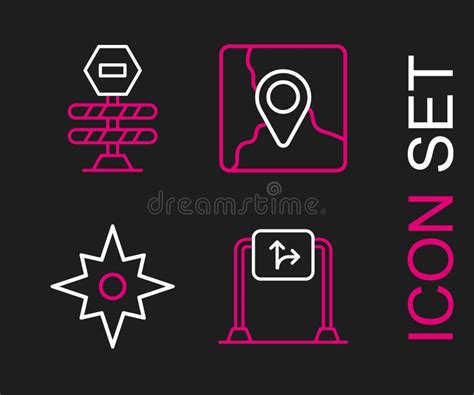 Set Line Road Traffic Sign Wind Rose Folded Map With Location Marker And Barrier Icon Vector
