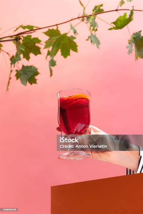 맛있는 향기로운 칵테일을 곁들인 유리 오렌지 슬라이스가 들어간 Mulled 와인 핑크 배경 위에 고립 된 계피 스틱 카다몬에