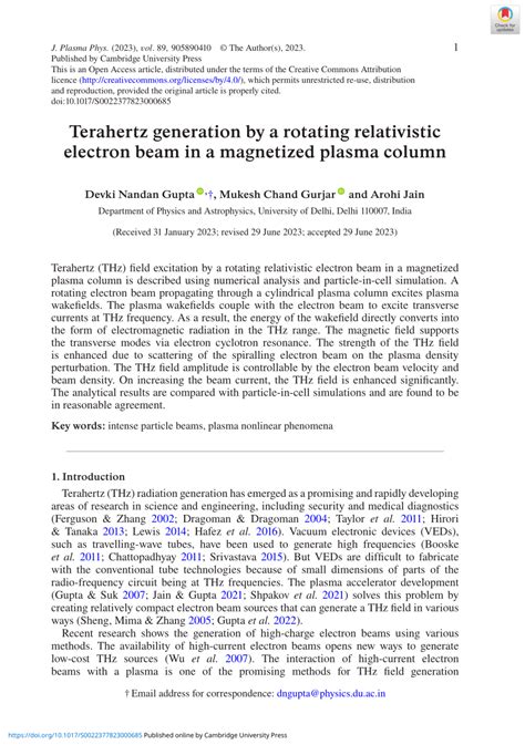 Pdf Terahertz Generation By A Rotating Relativistic Electron Beam In A Magnetized Plasma Column