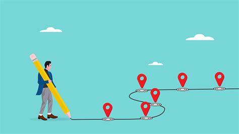 비즈니스 경력 프로세스 평면 벡터 일러스트 레이션 연필을 사용하여 성취 위치 이정표 프로젝트 이정표 또는 비즈니스 여정 성취와