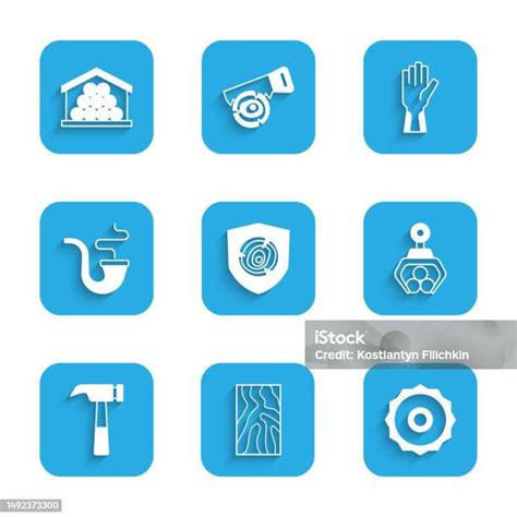 나무 통나무 빔 불모양 톱날 그래플 크레인 잡기 망치 흡연 파이프 보호 장갑 및 아이콘을 설정합니다 벡터 가죽에 대한 스톡 벡터 아트 및 기타 이미지 Istock