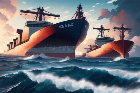 Cargo Container Ship Through The Ocean Waves Crashing Cargo