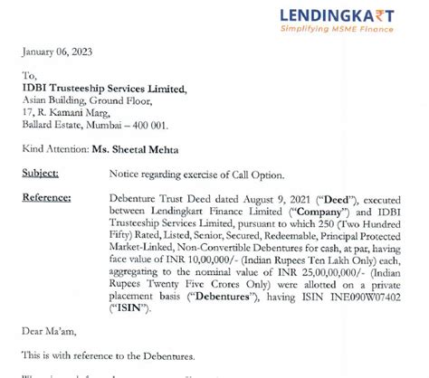 Call Option Notice Lendingkart Finance Limited