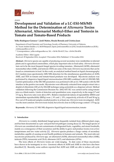 Pdf Development And Validation Of A Lc Esi Msms Method For The Determination Of Alternaria