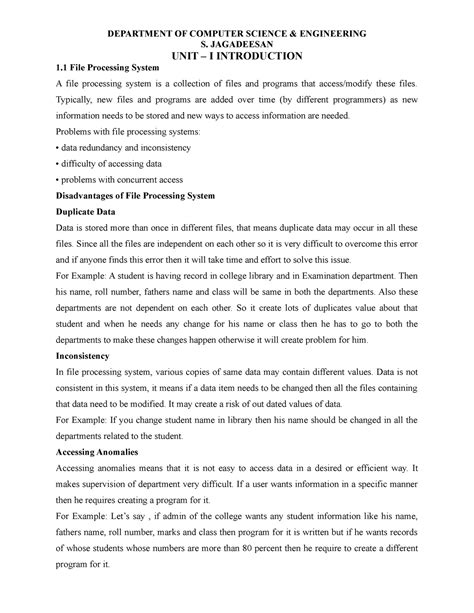 UNIT I DBMS Database Management System Notes S JAGADEESAN UNIT I INTRODUCTION File