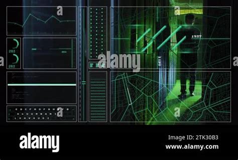 Animation Of Hud Screens With Map Graphs Codes Asian Engineer With Laptop Checking Server