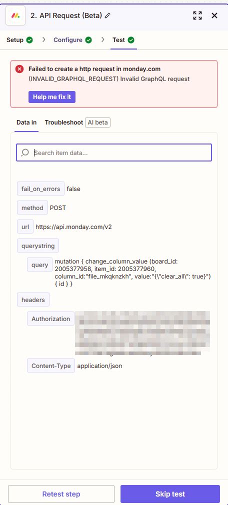 Zapier Api Request To Mondaycom Invalidgraphqlrequest Error