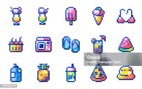 픽셀 아트 레트로 Y2k 여름 세트 8비트 복고풍 스타일의 빈티지 칵테일 음식 과일 및 과자 아이스크림 피자 수박 파인애플 해변 휴가 용품 아바타 스티커 또는 배지 팩