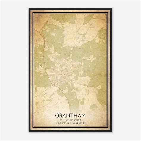 Vintage Grantham United Kingdom Map Poster Grantham City Road Wall Art Print Custom Maps