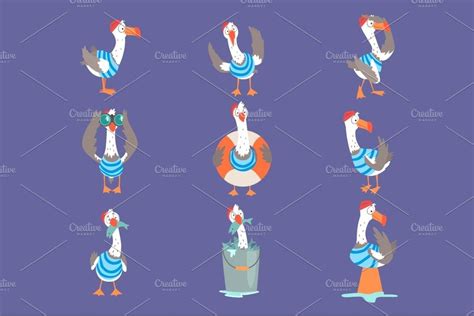 Funny Cartoon Seagull Showing Different Actions And Emotions Set Cute