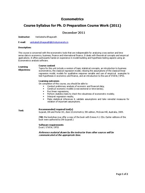 Eco No Metrics Course Outline Pdf Econometrics Ordinary Least Squares