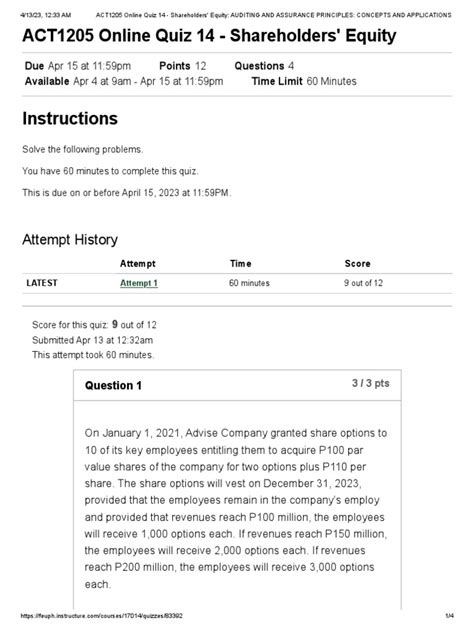 Act1205 Online Quiz 14 Shareholders Equity Auditing And Assurance Principles Concepts And