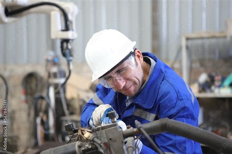 Engineer Teaching Robot Welding Machine He Explanation How To Working Of Robot Arm All