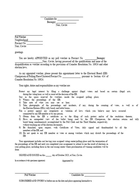 Appointment Of Watcher Template Pdf Voting Democracy