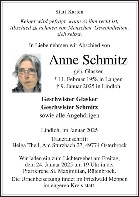 Traueranzeigen Von Anne Schmitz Noz Trauerportal