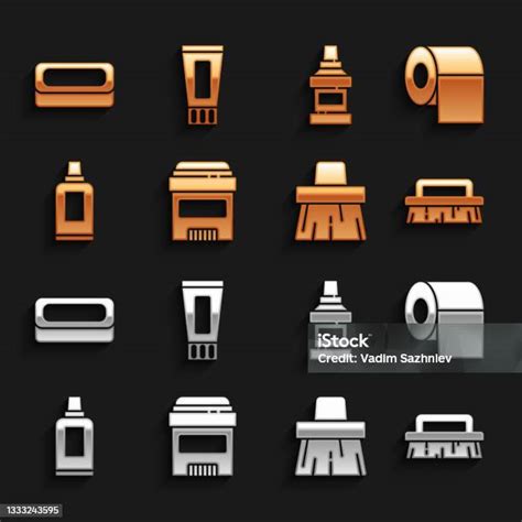 발한 탈취롤 화장지 청소용 브러쉬 손잡이 빗자루 병 제자 구강 세정제 병 비누 바 및 튜브 치약 아이콘을 설정합니다 벡터 가정 생활에 대한 스톡 벡터 아트 및 기타 이미지