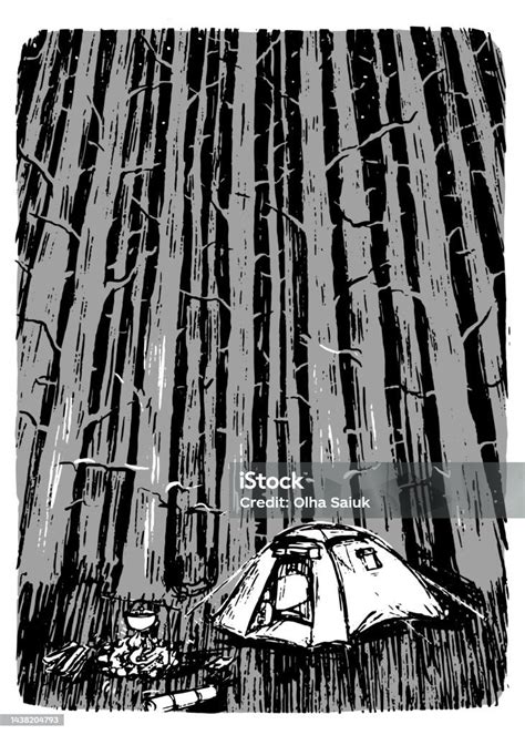 흰색으로 고립된 아늑한 하이킹 장면 텐트 모닥불 숲을 배경으로 캠핑 흑백 손으로 그린 벡터 그림입니다 빈티지 조각 스타일의 예술적 프린트 소나무 침엽수에 대한 스톡 벡터
