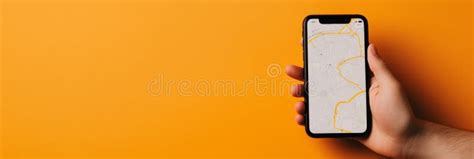 Hand Holding Smartphone Showing Gps Navigation App On Orange Background