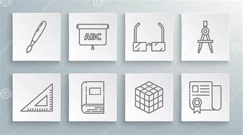 Set Line Triangular Ruler Chalkboard Book Rubik Cube Certificate Template Glasses Drawing