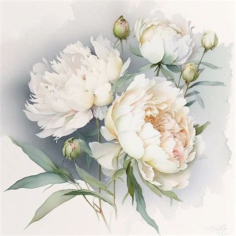 Акварельные белые пионы свадебные цветы ручная роспись Цветочные картины Пионы Ботанические