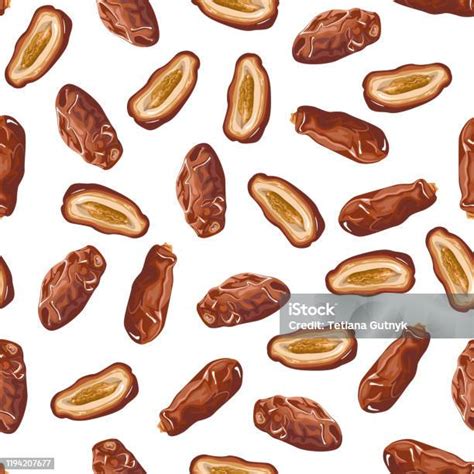 날짜 과일 원활한 패턴 만화 플랫 스타일의 흰색 배경에 말린 과일의 벡터 그림입니다 말린 날짜 야자 열매 갈색에 대한 스톡 벡터 아트 및 기타 이미지 Istock