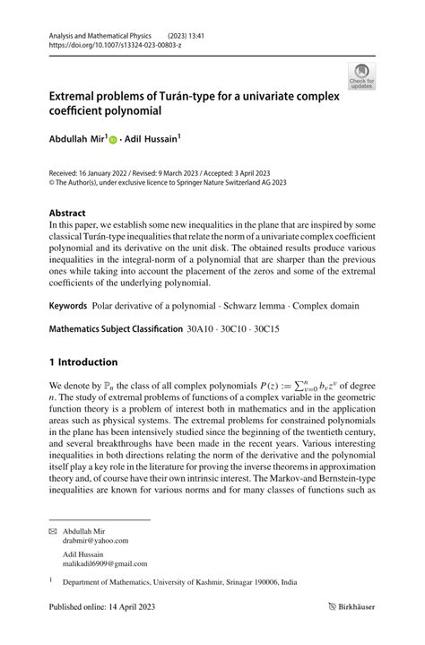 Pdf Analysis And Mathematical Physics Extremal Problems Of Turán Type